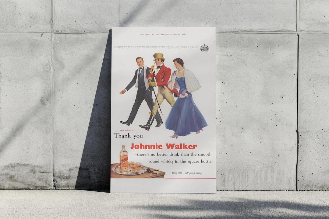 Vintage Johnnie Walker Whisky Art Print, Retro Drinks Poster, Printable ...