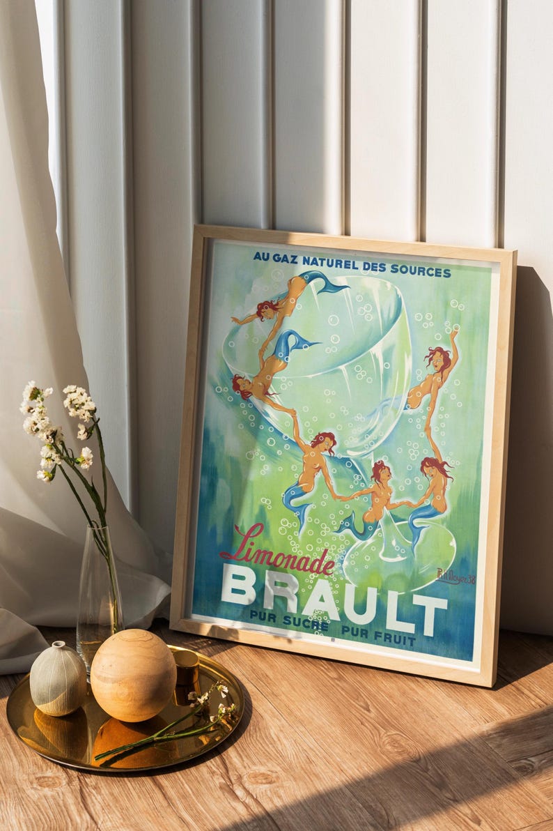 Vintage French Limonade Poster Wall Art, Mermaids Retro Drink ...