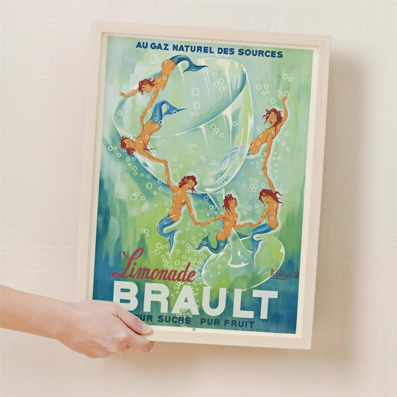 Vintage French Limonade Poster Wall Art, Mermaids Retro Drink ...
