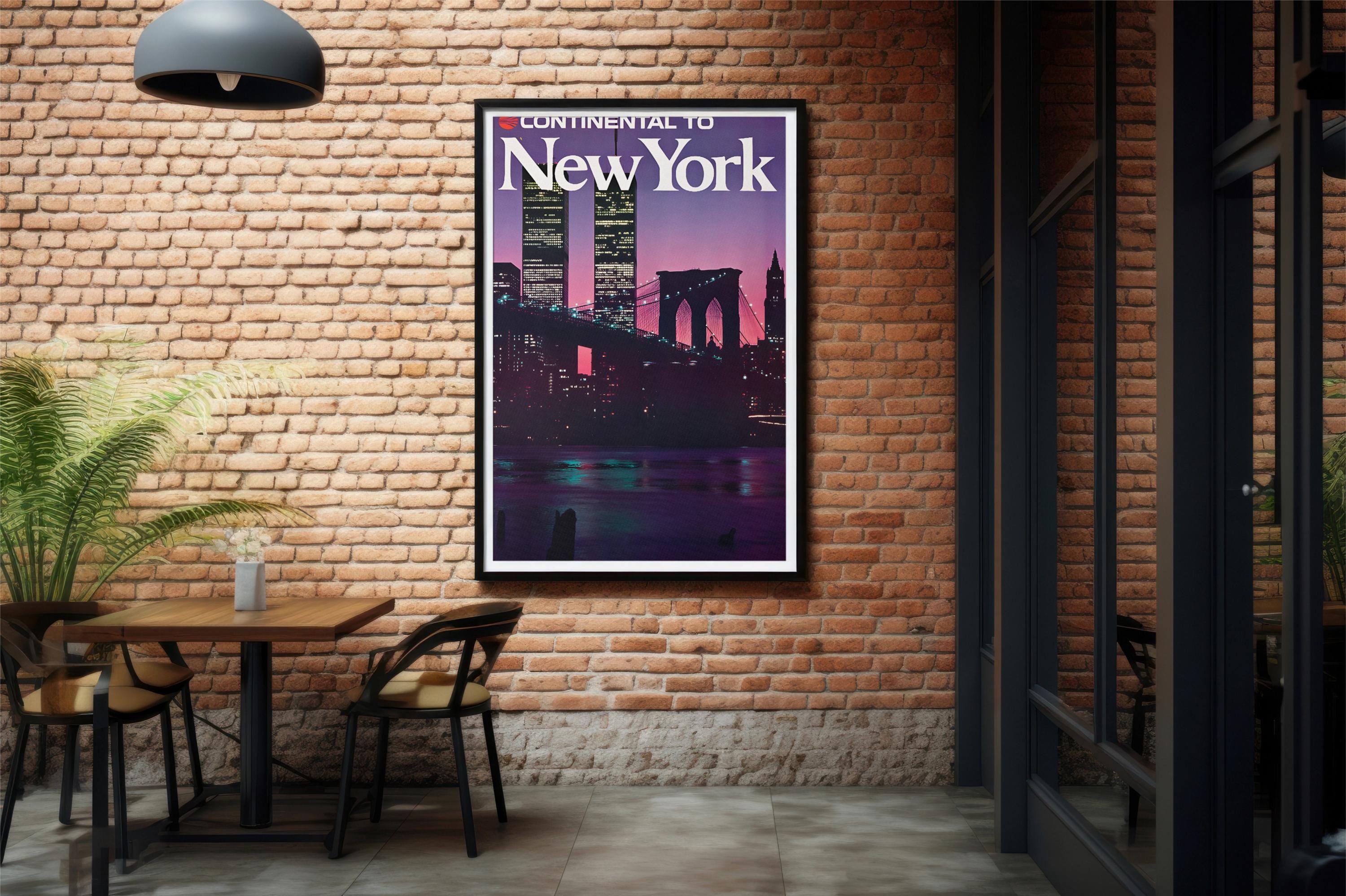 Retro New York Skyline Poster - Brooklyn Bridge and Twin Towers ...