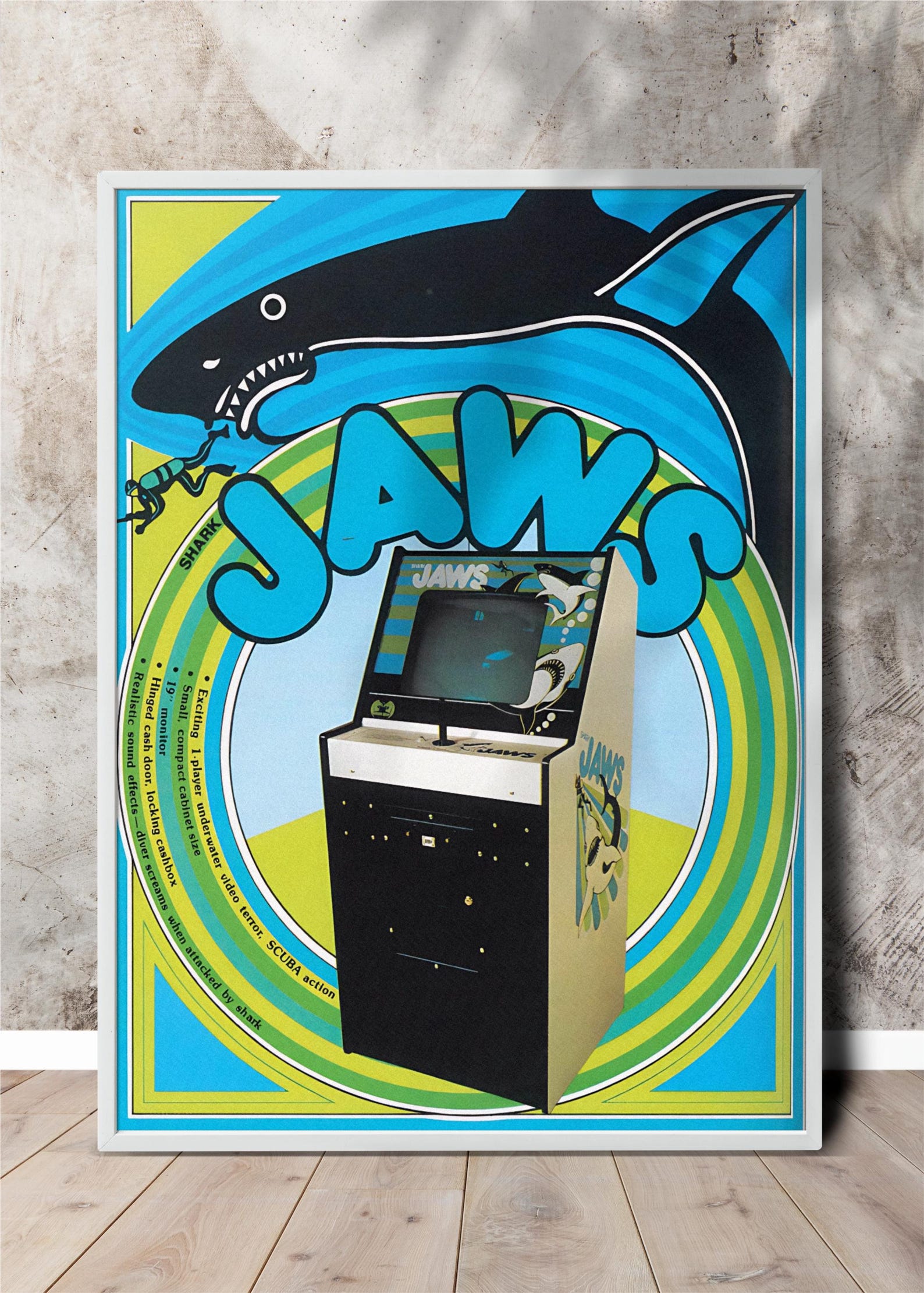Jaws Arcade Game Vintage Print, Retro Shark Gaming Art, 80s Digital ...