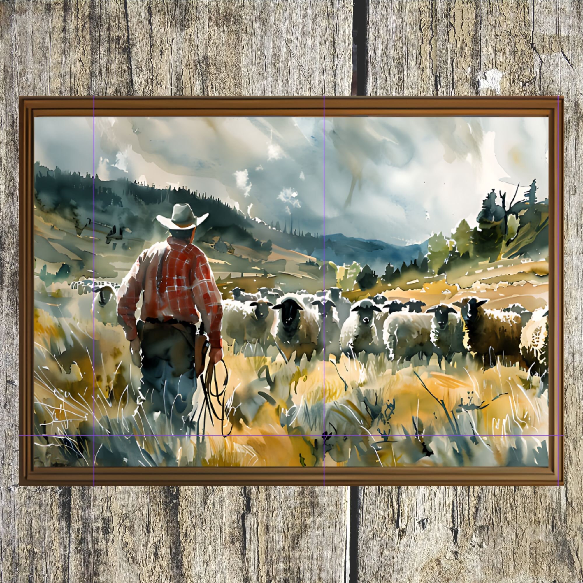 2 Cowboy Wall Art, cowboy Checking the Sheep on the Range, Expressive ...