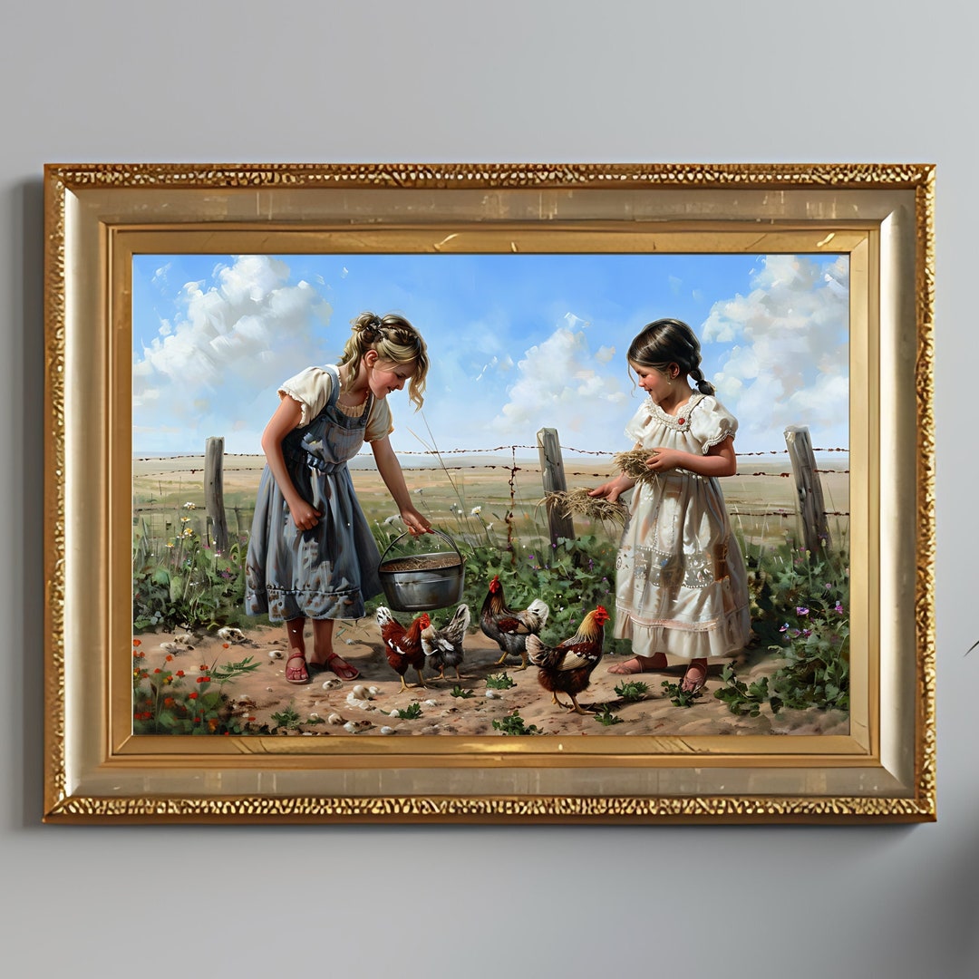 Girls Feeding the Chickens Wall Art, Expressive Digital Art for ...