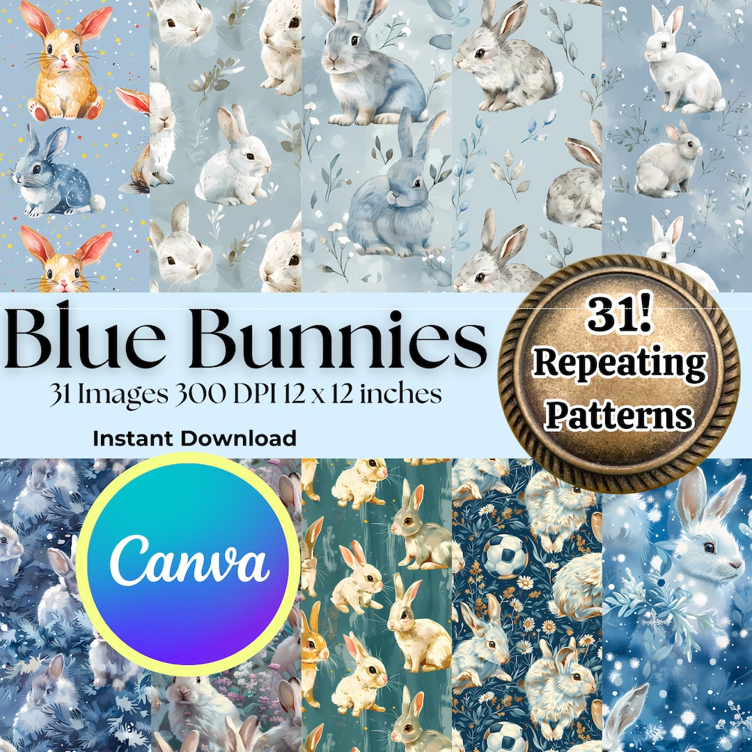 31 Blue Rabbit Bunnies Digital Seamless Repeating Pattern Paper, 12 X ...