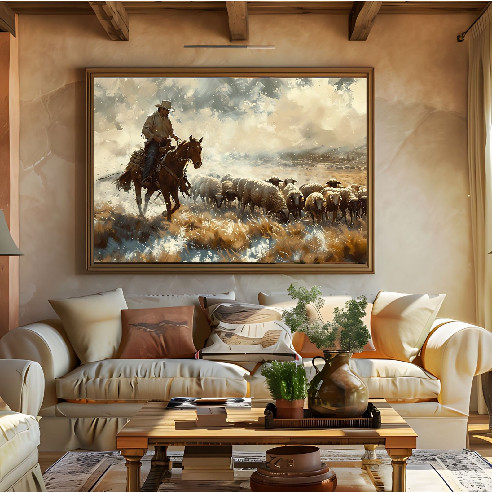 2 Cowboy Wall Art, "cowboy Checking the Sheep on the Range", Expressive ...