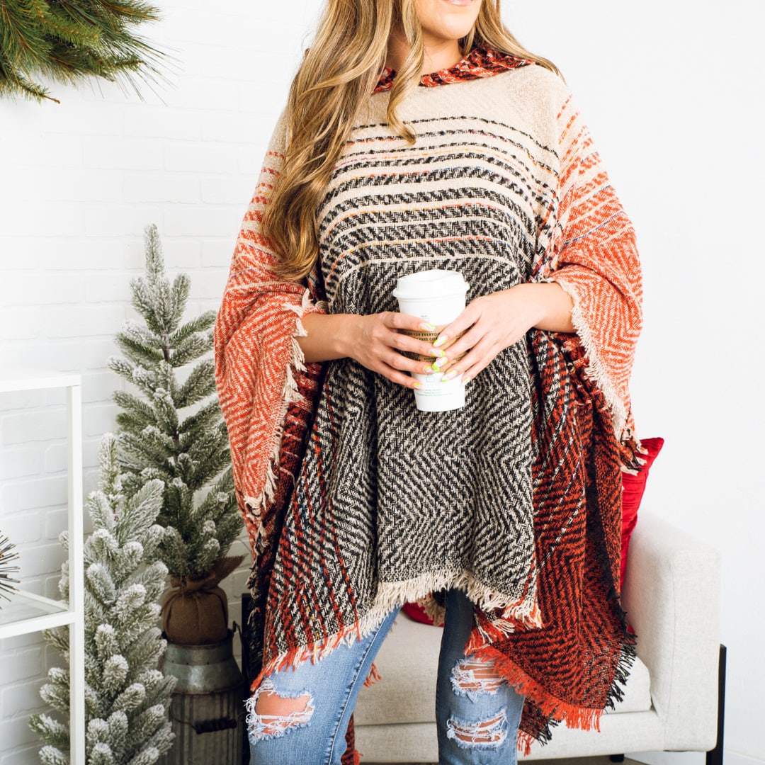 Herringbone Hooded Poncho | Rust - Etsy