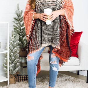 Herringbone Hooded Poncho Rust - Etsy