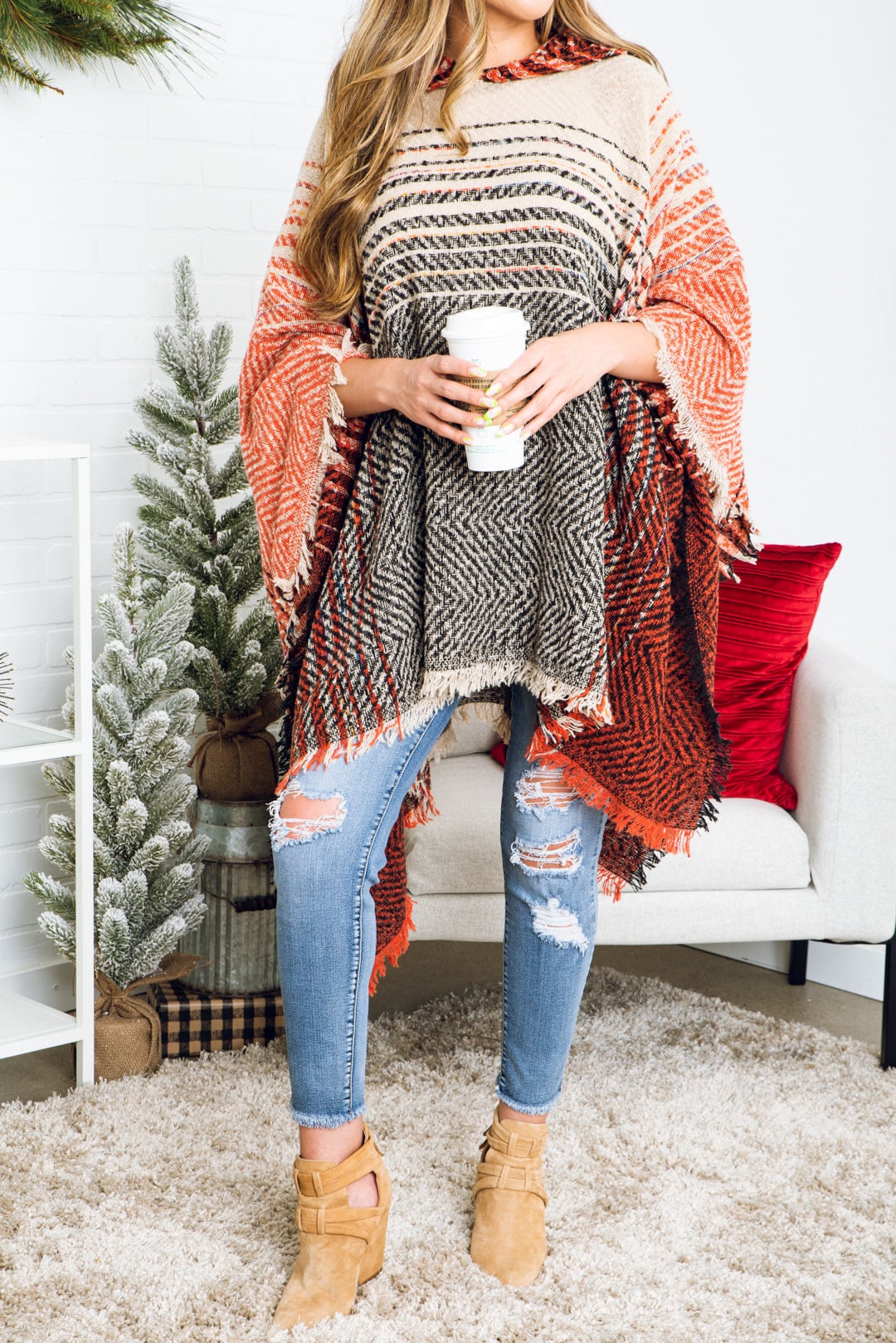 Herringbone Hooded Poncho | Rust - Etsy