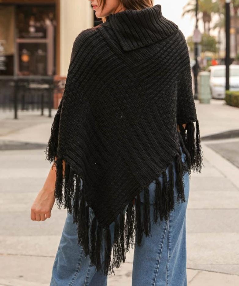 Turtle Neck Knit Poncho Black - Etsy