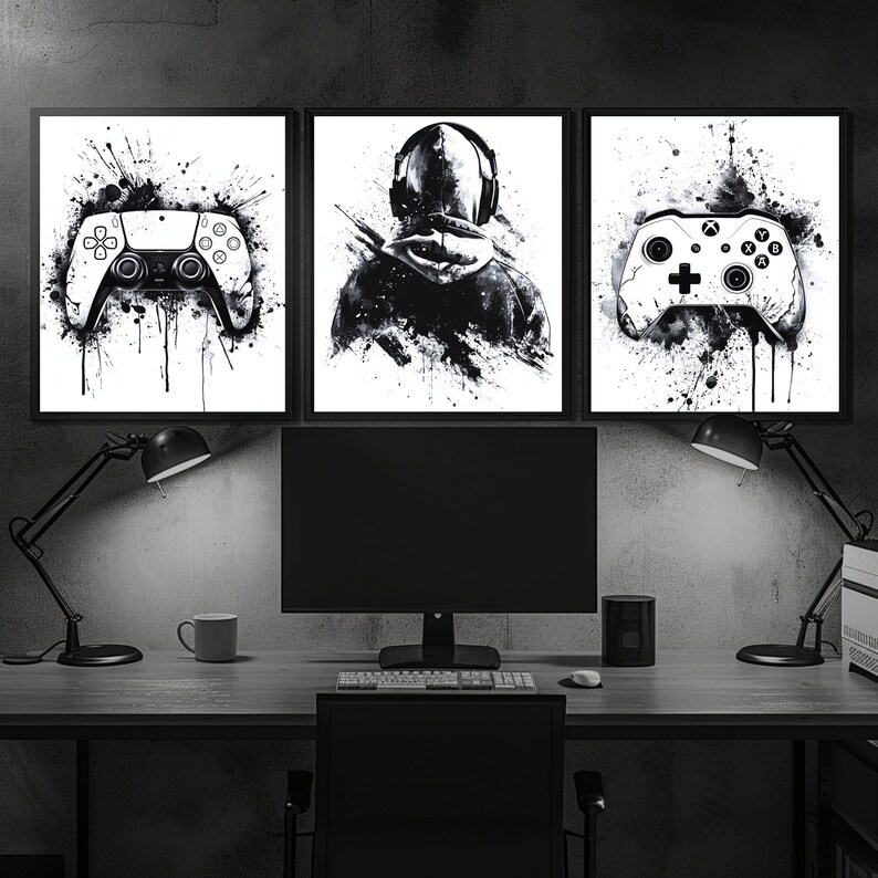 Gaming Poster Set, Gaming Room Decor, Gamer Gift, Black and White Style ...