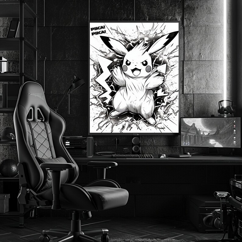 Pokemon, Pikachu Poster, Black and White Style, Printable Wall Art ...