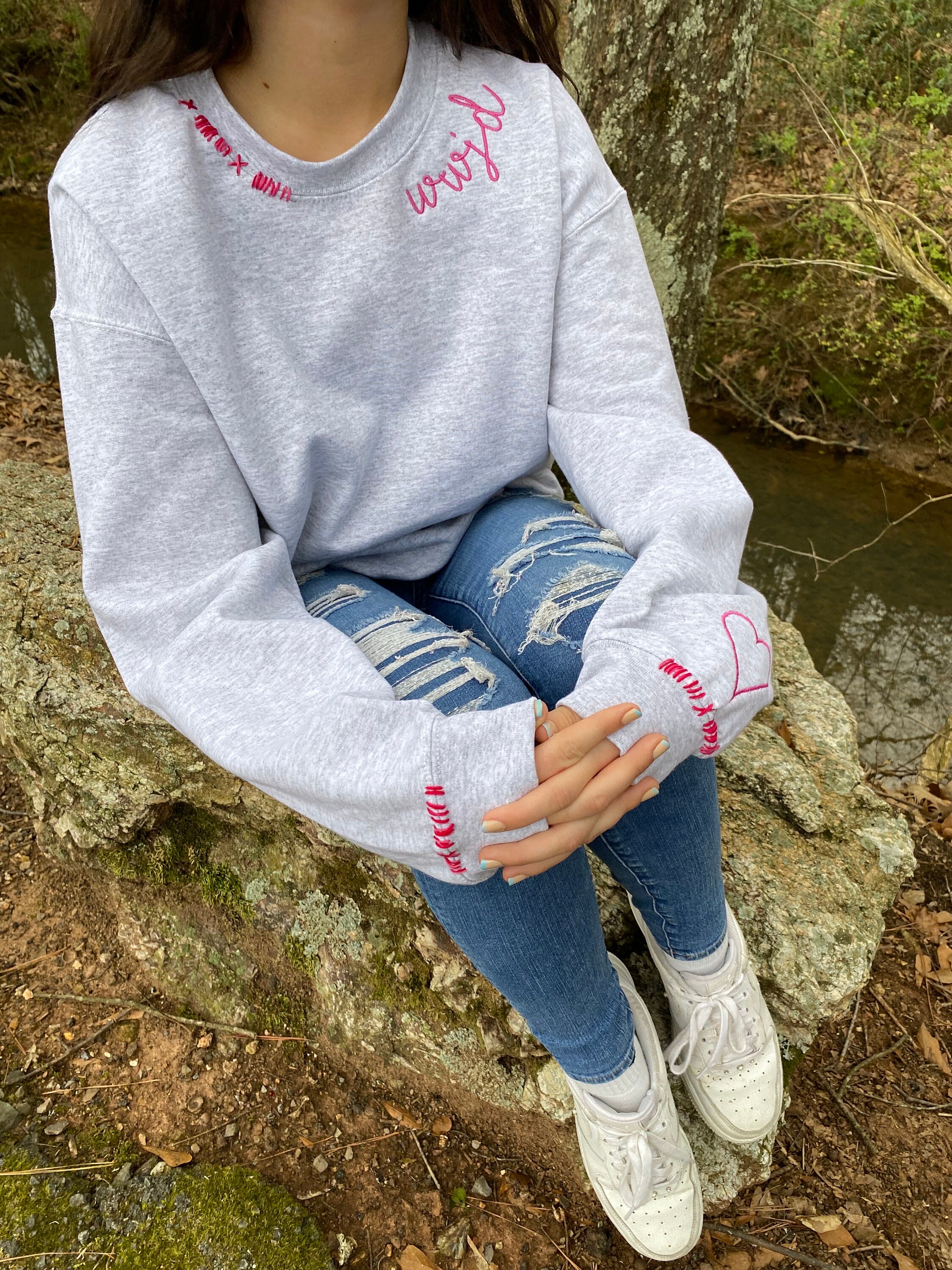 WWJD Embroidered Sweatshirt | Hand Stitched Distressed Accents Crewneck ...