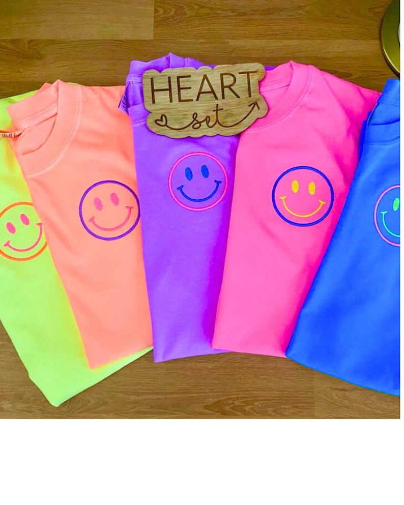 Neon Embroidered Happy Face Shirt | Comfort Colors T-shirt | Custom ...