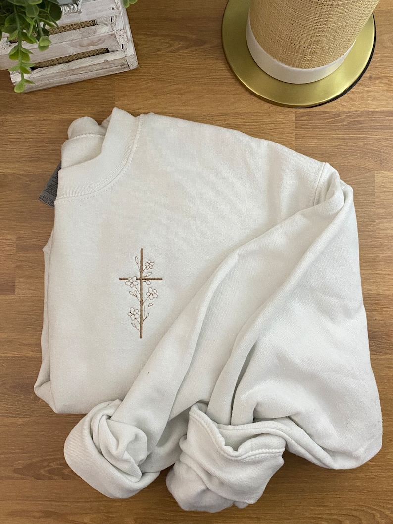 Embroidered Floral Cross Sweatshirt Christian Cross Crewneck Christian ...