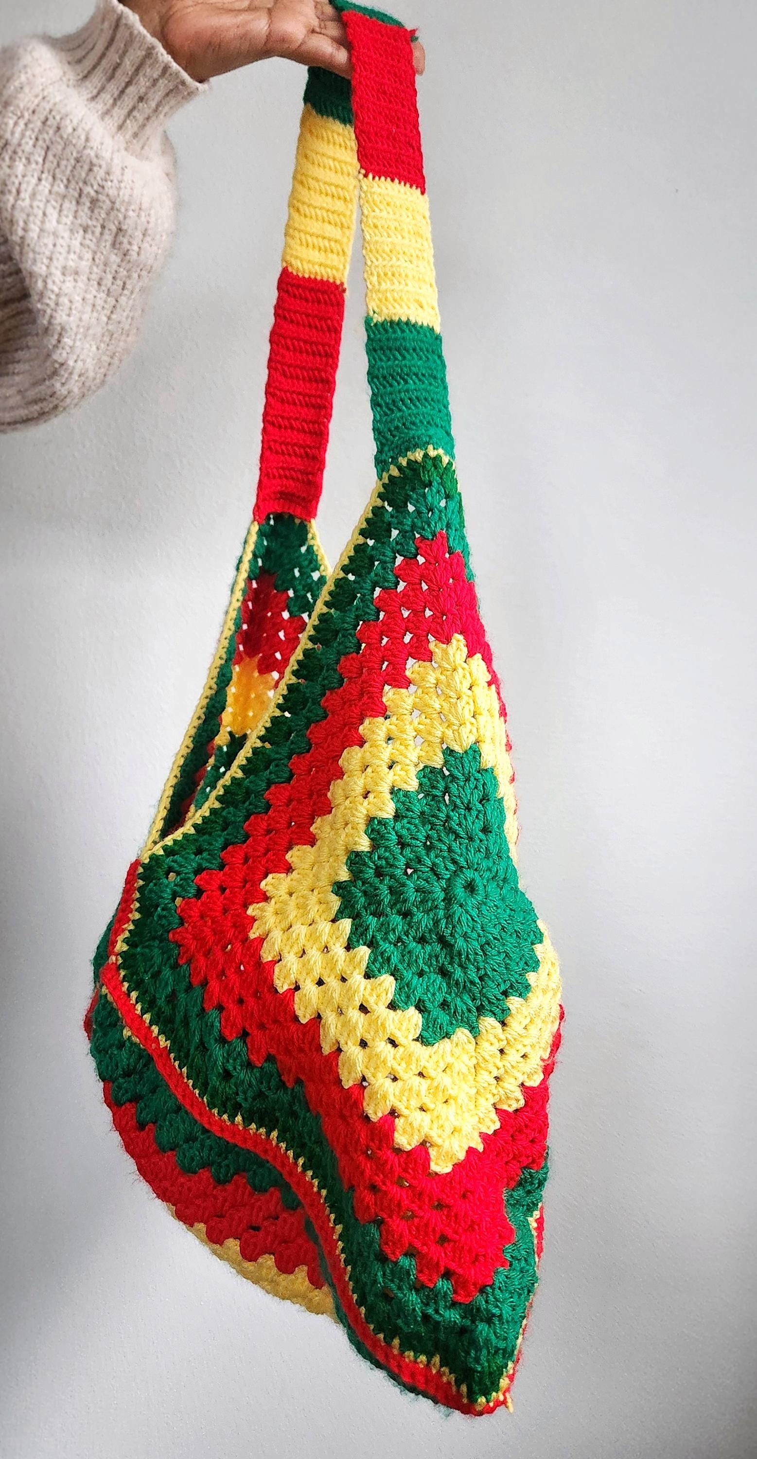 Boho Crochet Ethiopian Flag Tote Bag | Rasta Style Knit Shoulder Bag ...
