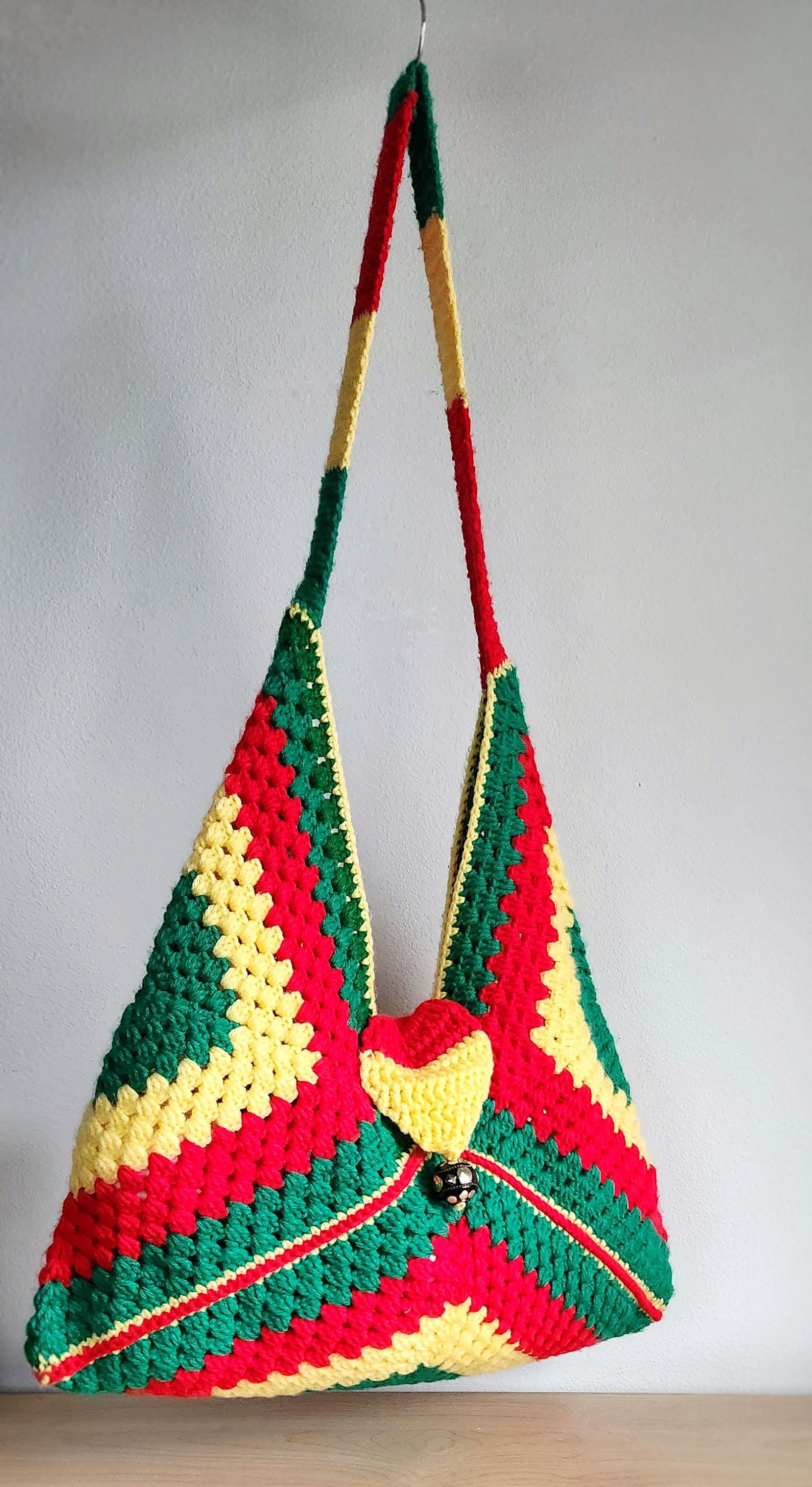 Boho Crochet Ethiopian Flag Tote Bag | Rasta Style Knit Shoulder Bag ...