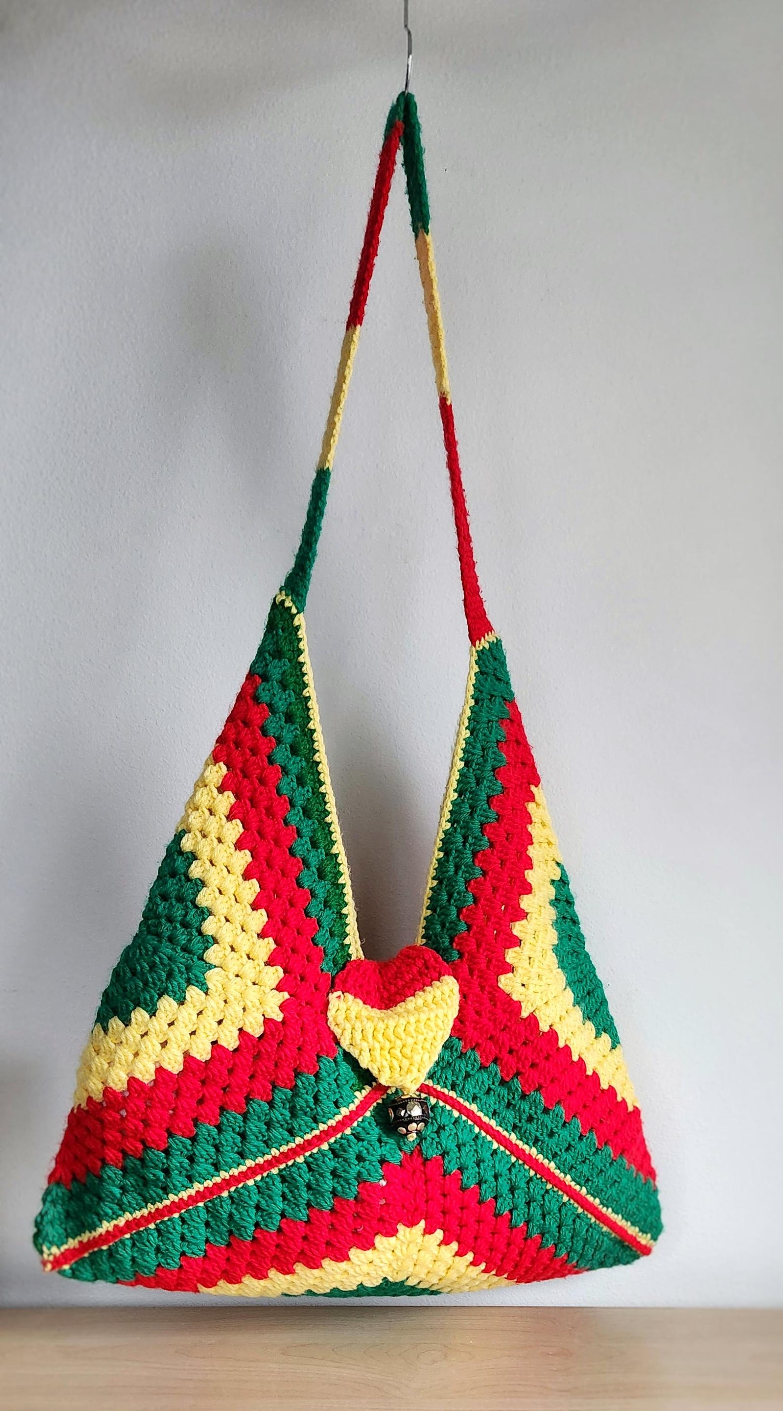 Boho Crochet Ethiopian Flag Tote Bag | Rasta Style Knit Shoulder Bag ...