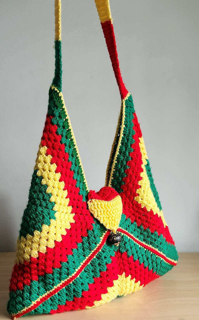 Boho Crochet Ethiopian Flag Tote Bag | Rasta Style Knit Shoulder Bag ...