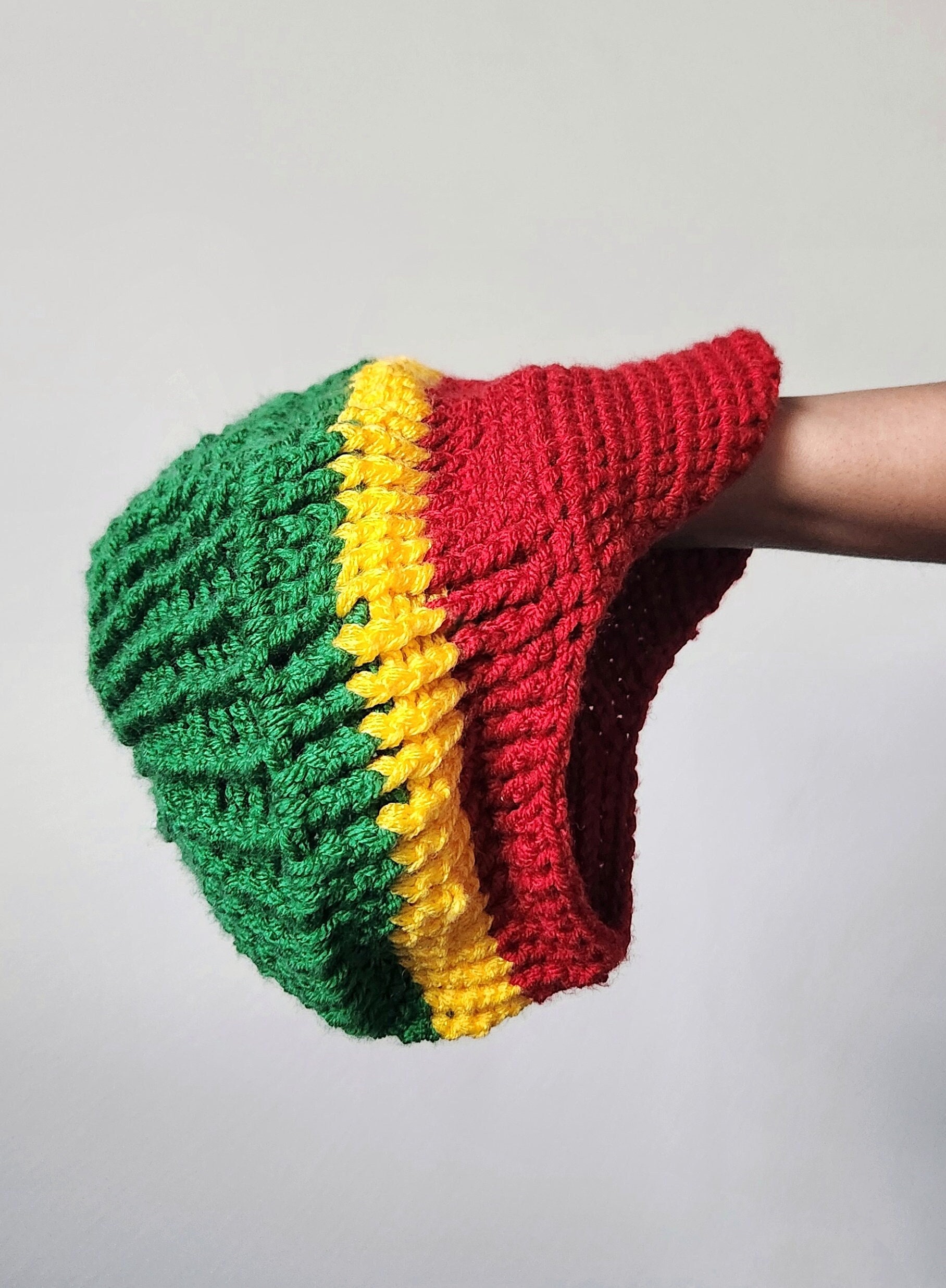 Hand Knit Rasta Slouchy Hat | Ribbed Ethiopian Flag Beanie | Red Green ...