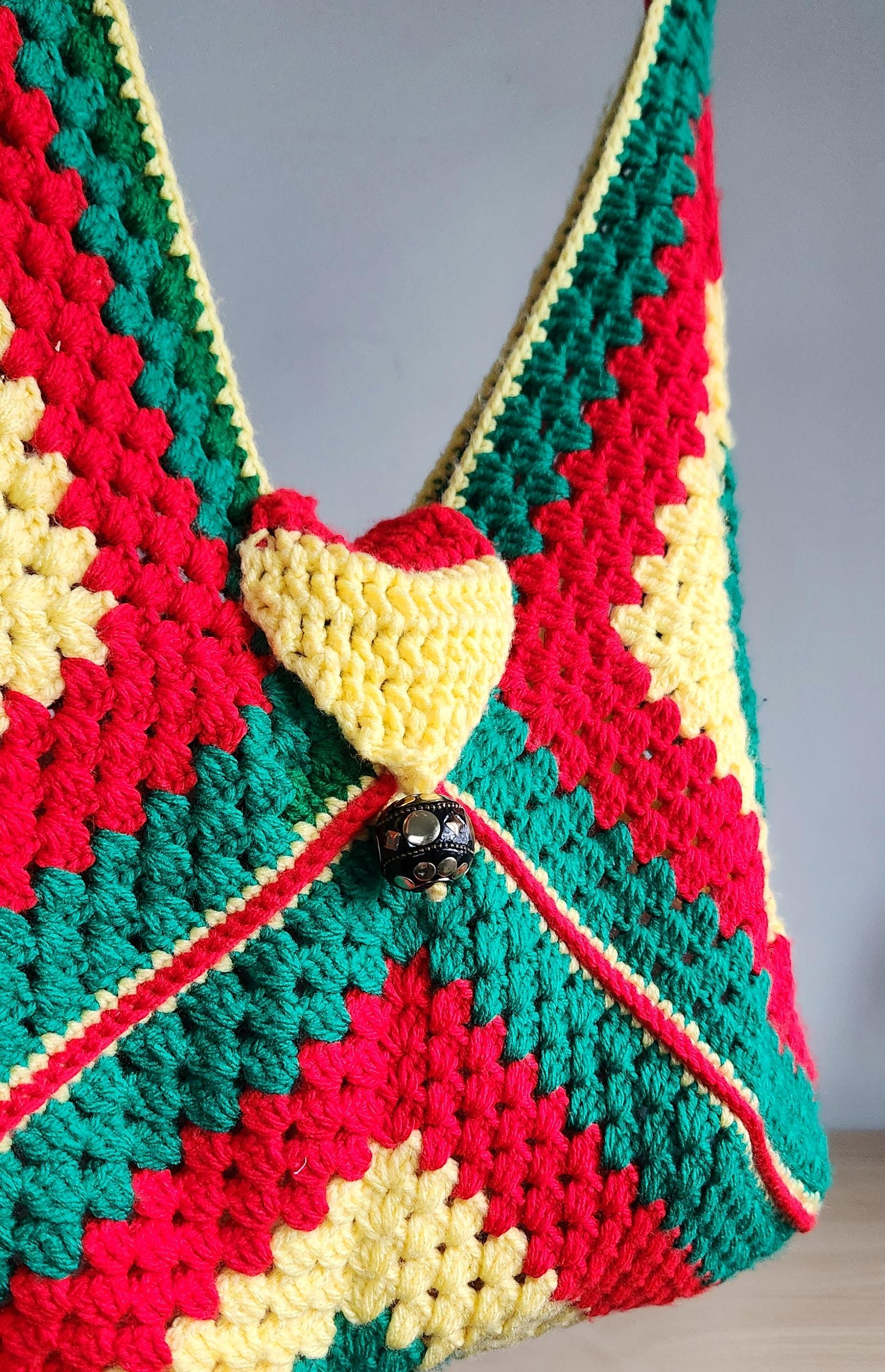 Boho Crochet Ethiopian Flag Tote Bag | Rasta Style Knit Shoulder Bag ...