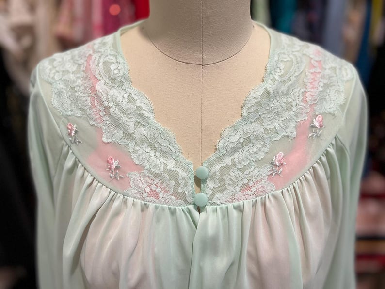 Vintage Mint Green Nightgown Cover-up With Lace and Embroidered Floral Details, Sheer ...