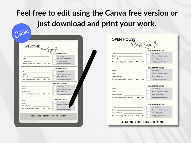 Real Estate Open House Printable Sign-in Sheets Customizable Digital ...