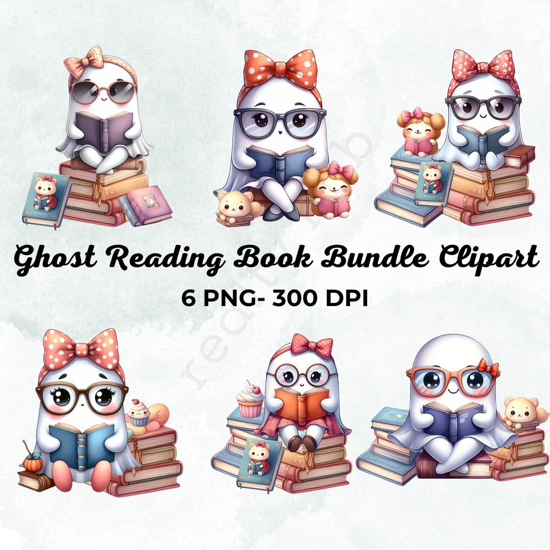 Cute Ghost Reading Books Clipart Halloween Png Bundle,ghost Read in ...