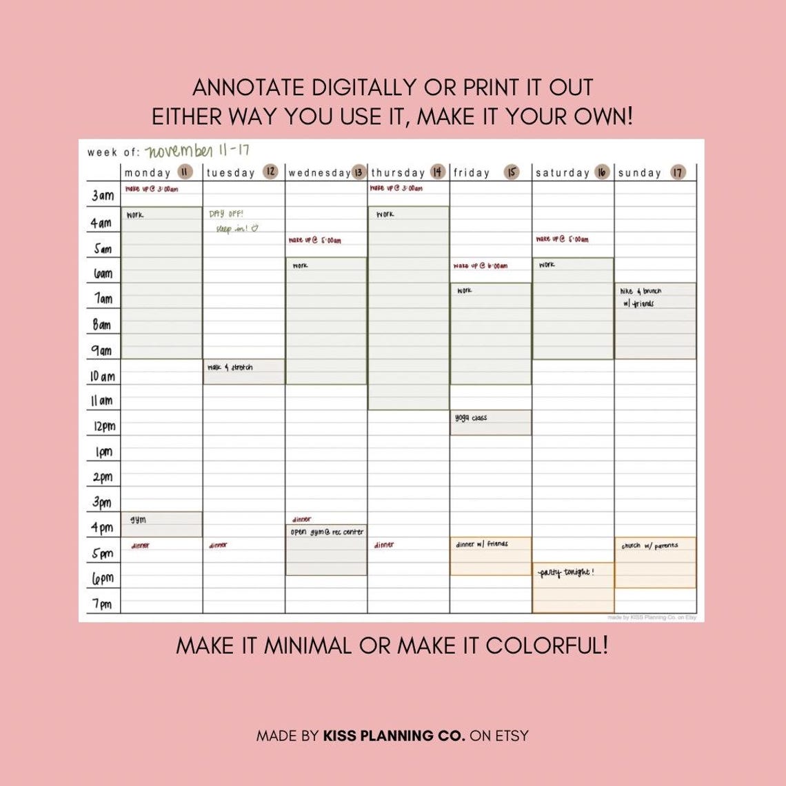 Hourly Weekly Schedule - Fill-in-the-time - Printable/digital Template ...