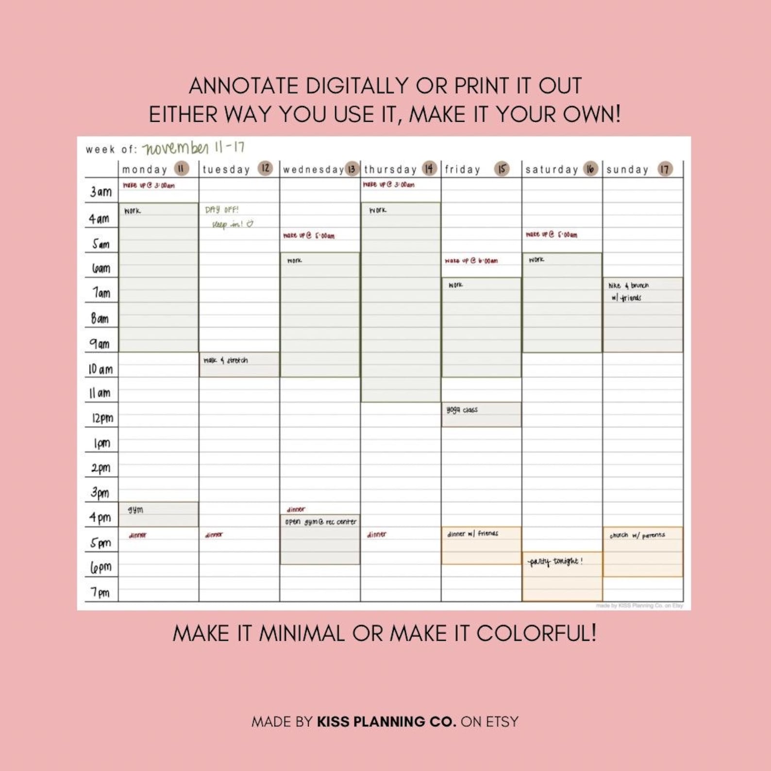 Hourly Weekly Schedule - Fill-in-the-time - Printable/digital Template ...
