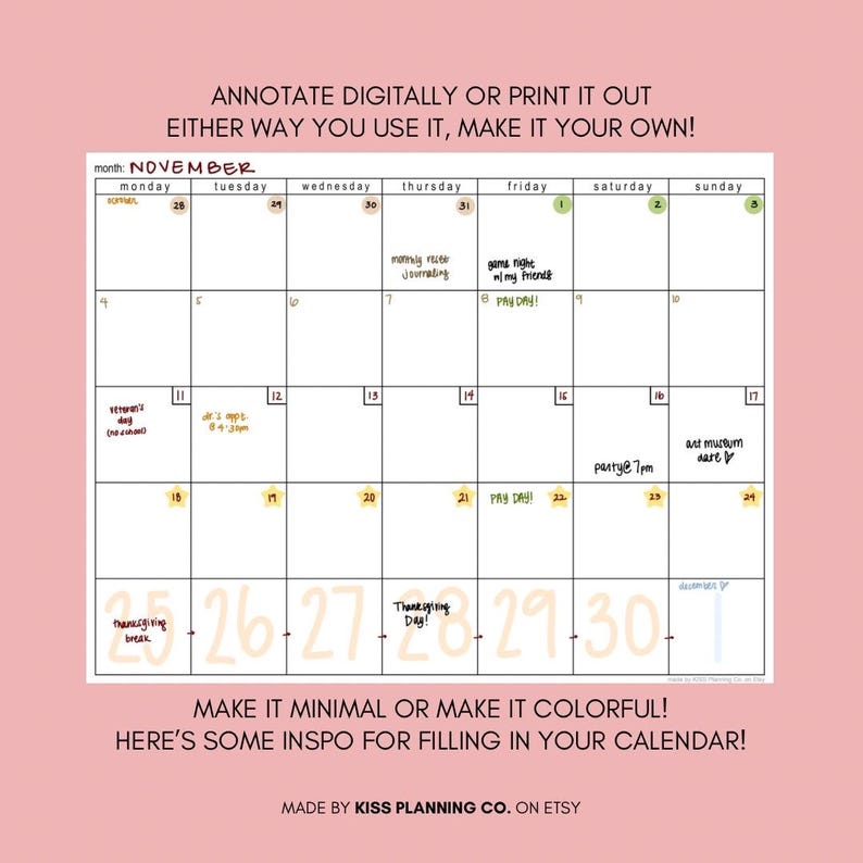 Monthly Calendar Printable/digital Template - Etsy