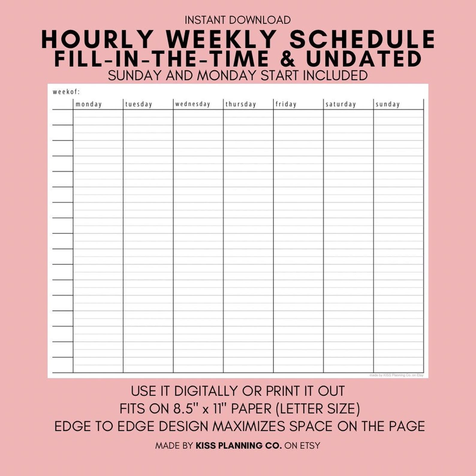 Hourly Weekly Schedule - Fill-in-the-time - Printable/digital Template ...