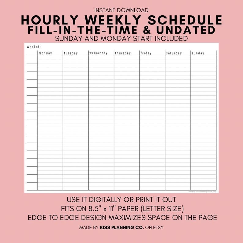 Hourly Weekly Schedule - Fill-in-the-time - Printable/digital Template ...