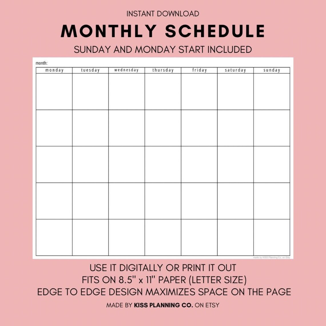 Monthly Calendar Printable/digital Template - Etsy