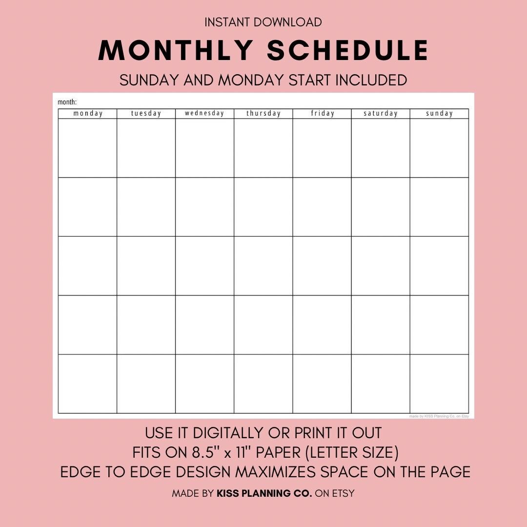 Monthly Calendar Printable/digital Template - Etsy