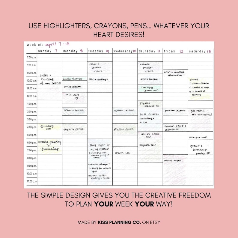 Hourly Weekly Schedule - Printable/digitial Weekly Planner Template ...