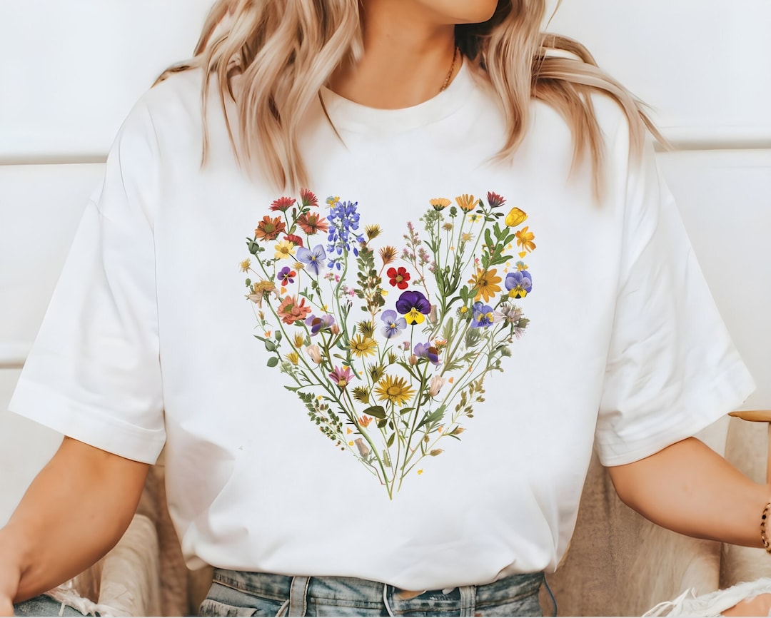 Wildflower Heart Shirt, Flower Design Shirt, Boho Botanical Shirt, Cute ...