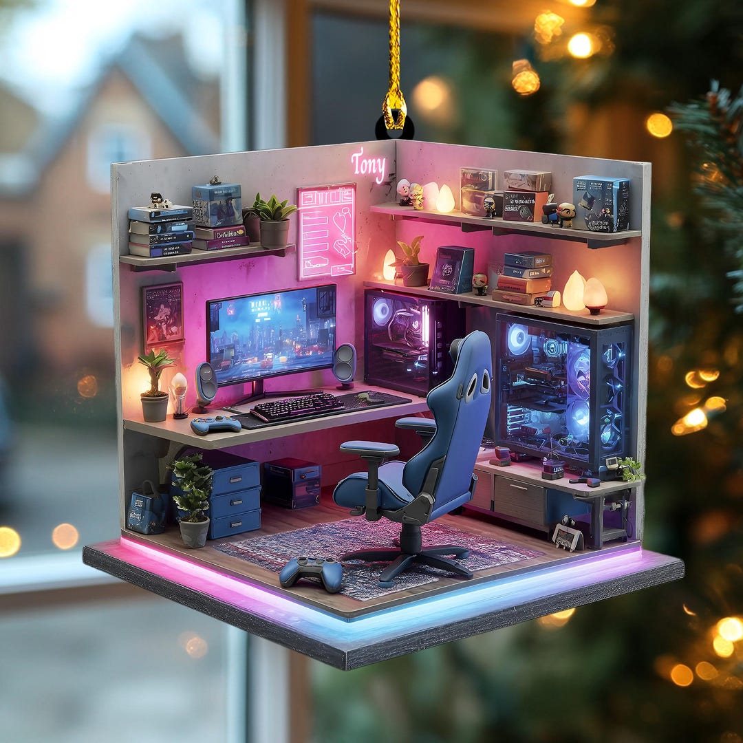 Custom Gaming Desk Diorama Ornament, LED Cyberpunk Game Room Christmas ...