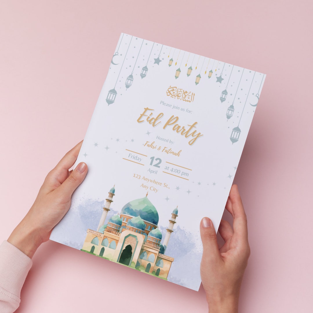 Editable Eid Mubarak Party Invitation DIY Ramadan Diner Card Canva ...