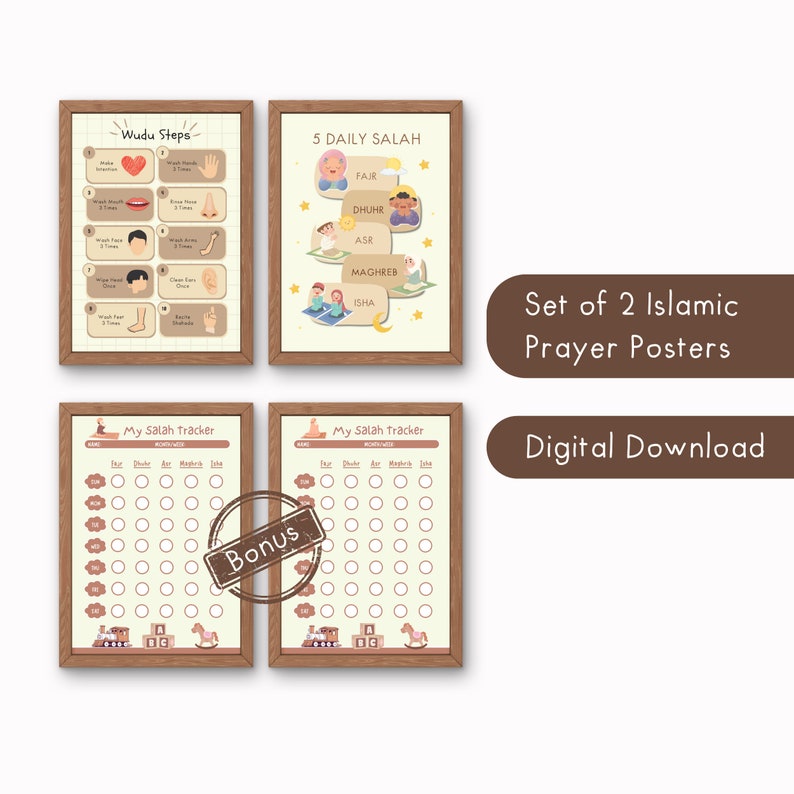 Set of 2 Islamic Daily Prayer Print, Islamic Kids Gifts, Muslim Kids ...