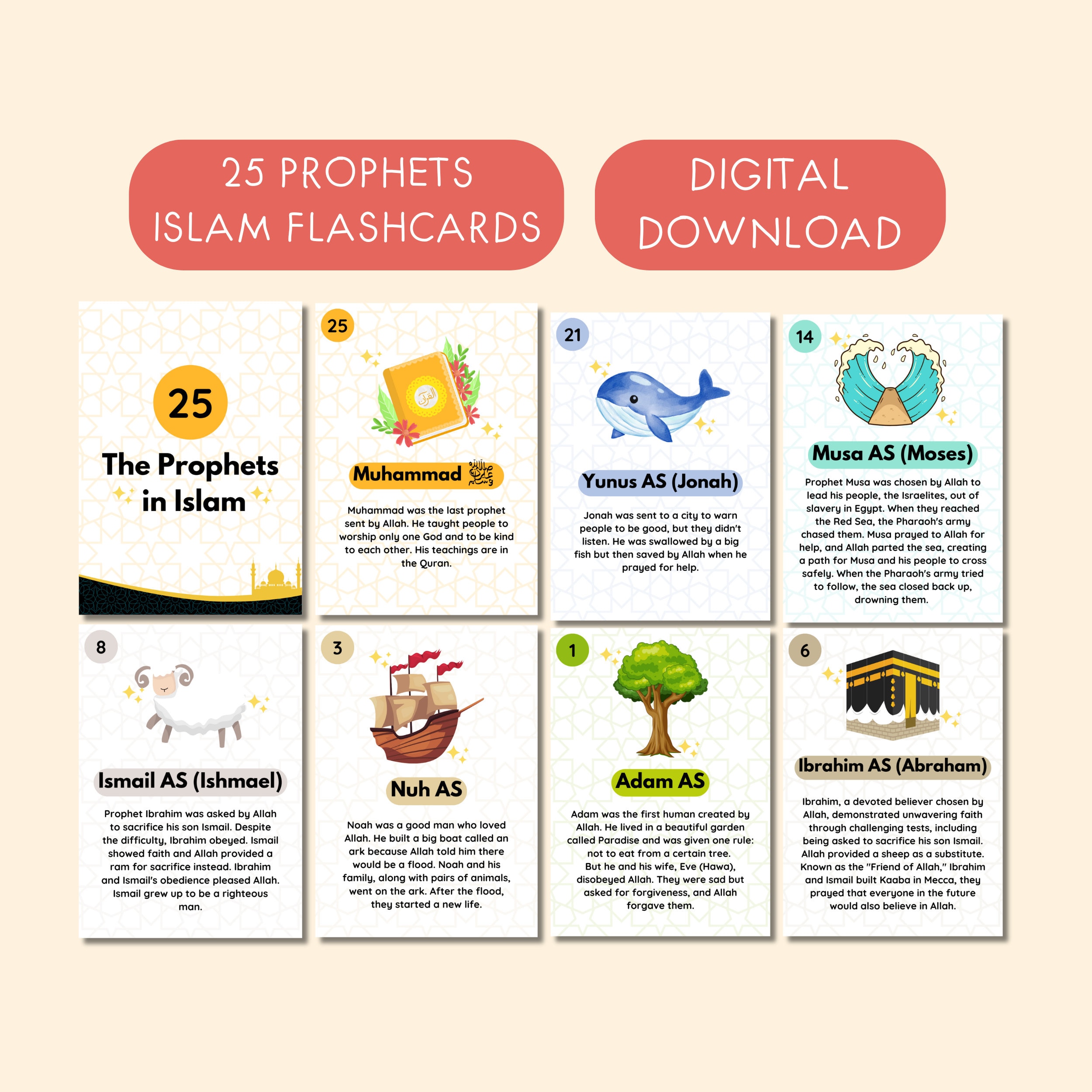 Islamic Prophets Flashcards, Islamic Printable Digital Download, Muslim ...