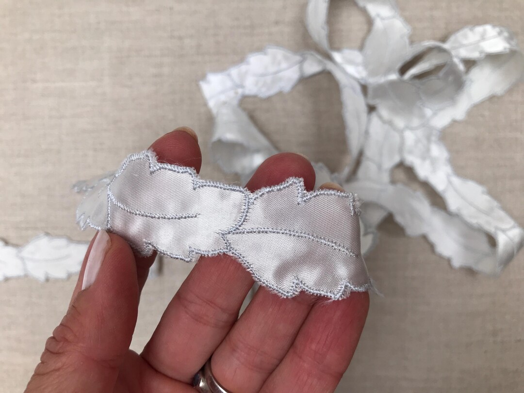 Antique Swiss Embroidered Satin Trim, Rayon, Grey Blue, Leaf Design ...