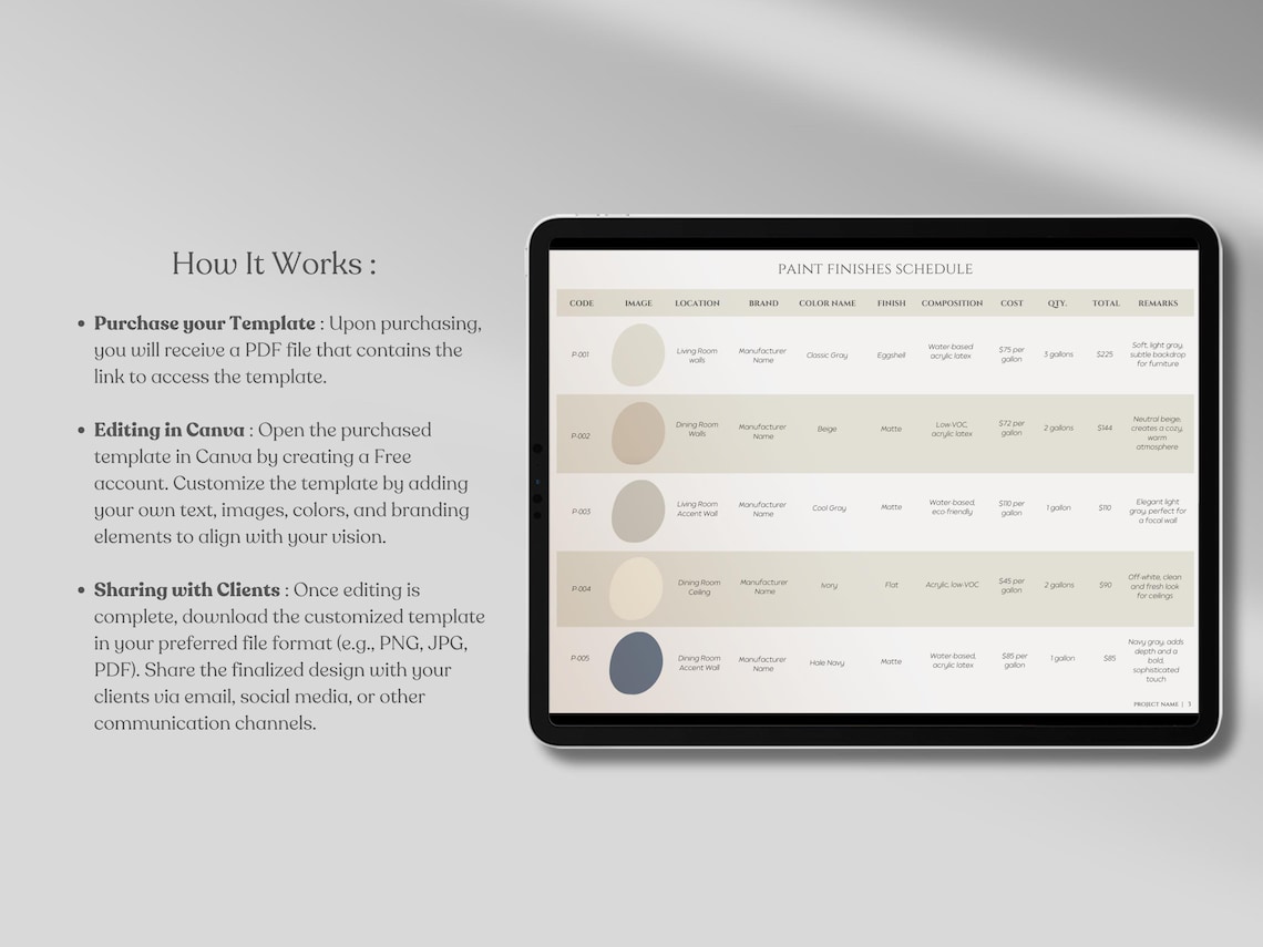 Interior Design FF&E Schedule Template, Furniture and Finishes Schedule ...