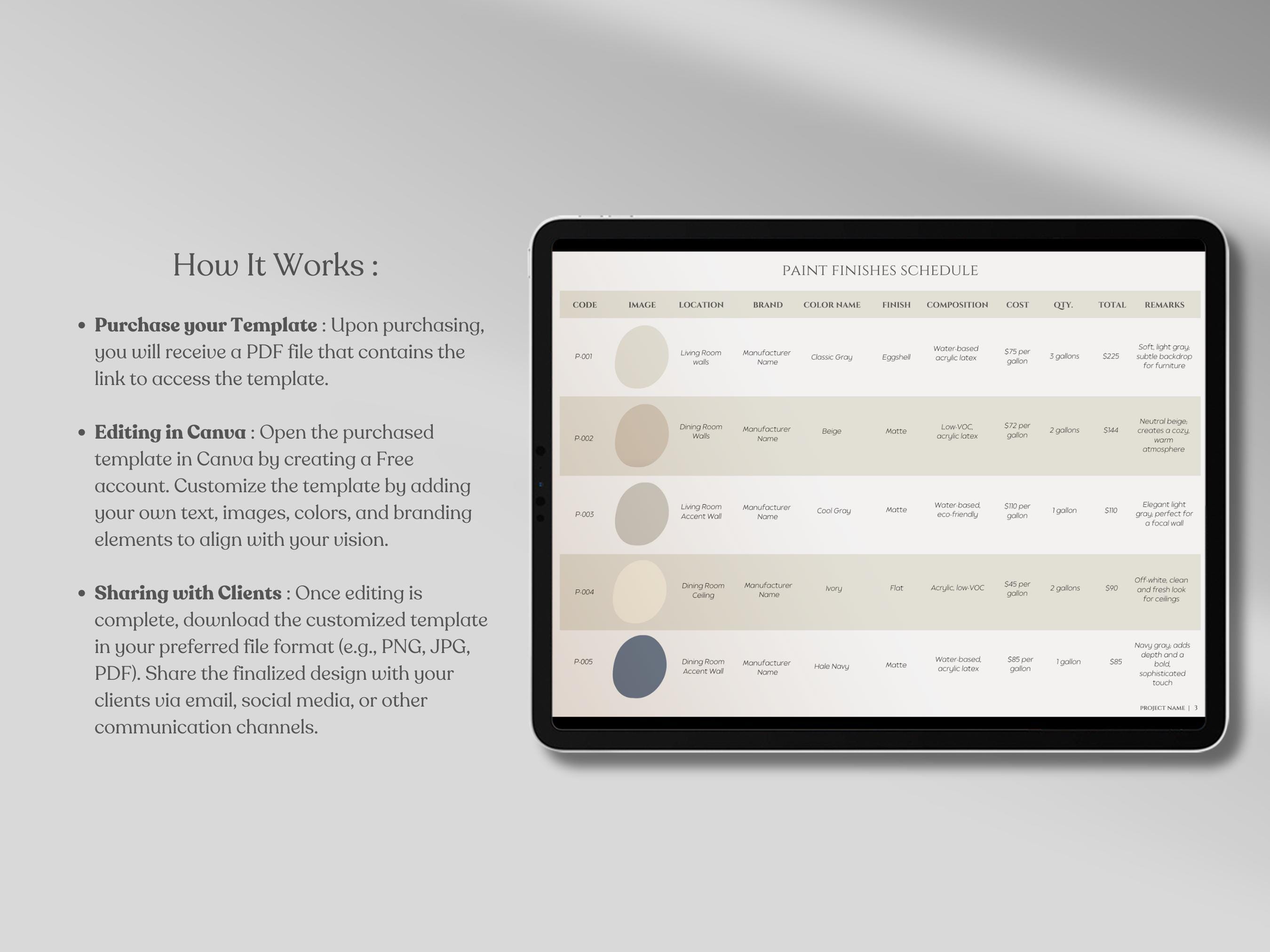 Interior Design FF&E Schedule Template, Furniture and Finishes Schedule ...