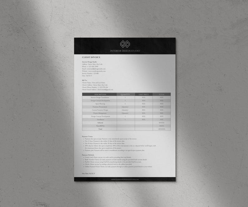 Black Minimalist Interior Design Client Invoice Onboarding Client ...