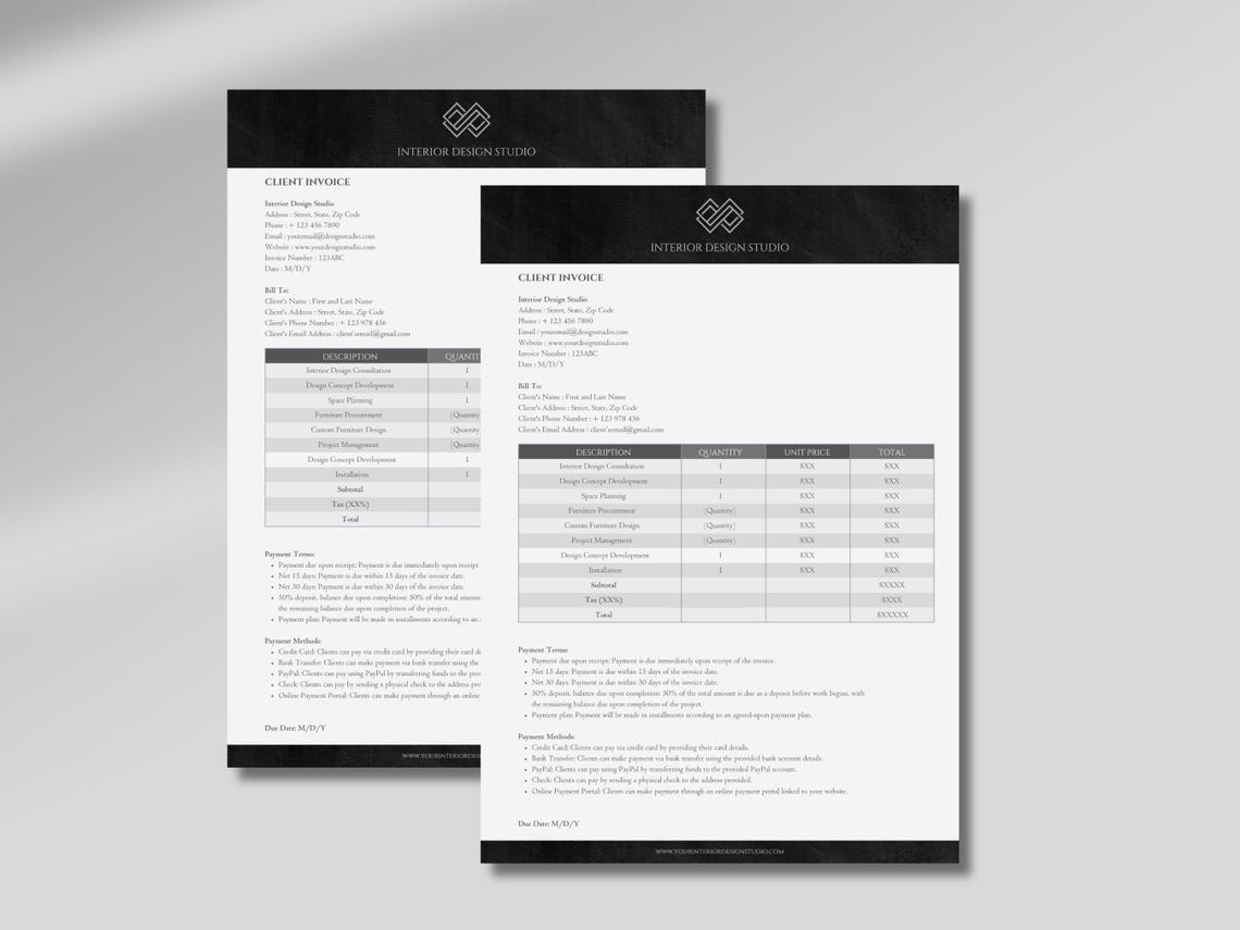 Black Minimalist Interior Design Client Invoice Onboarding Client ...