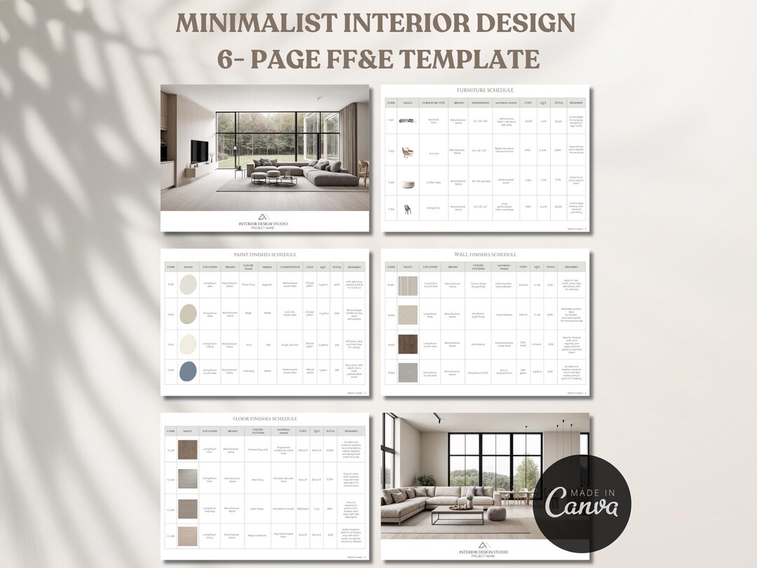 Minimalist White Interior Design FF&E Schedule Template, Furniture and Finishes Schedule, Design ...