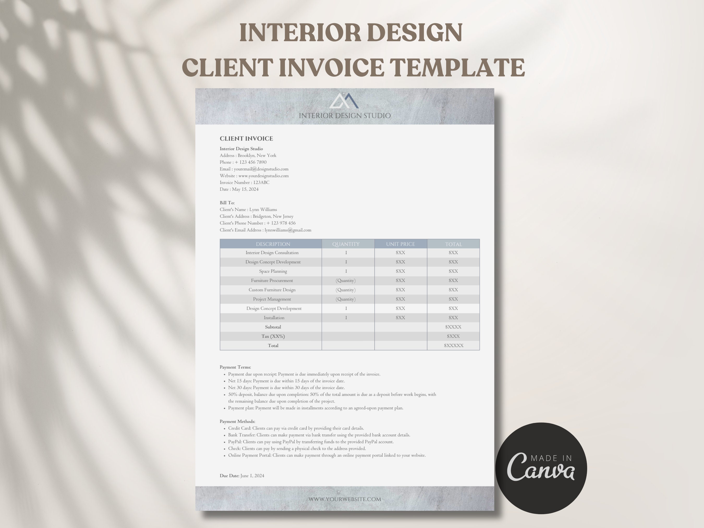 Interior Design Client Invoice Template, Minimalist Invoice Template ...