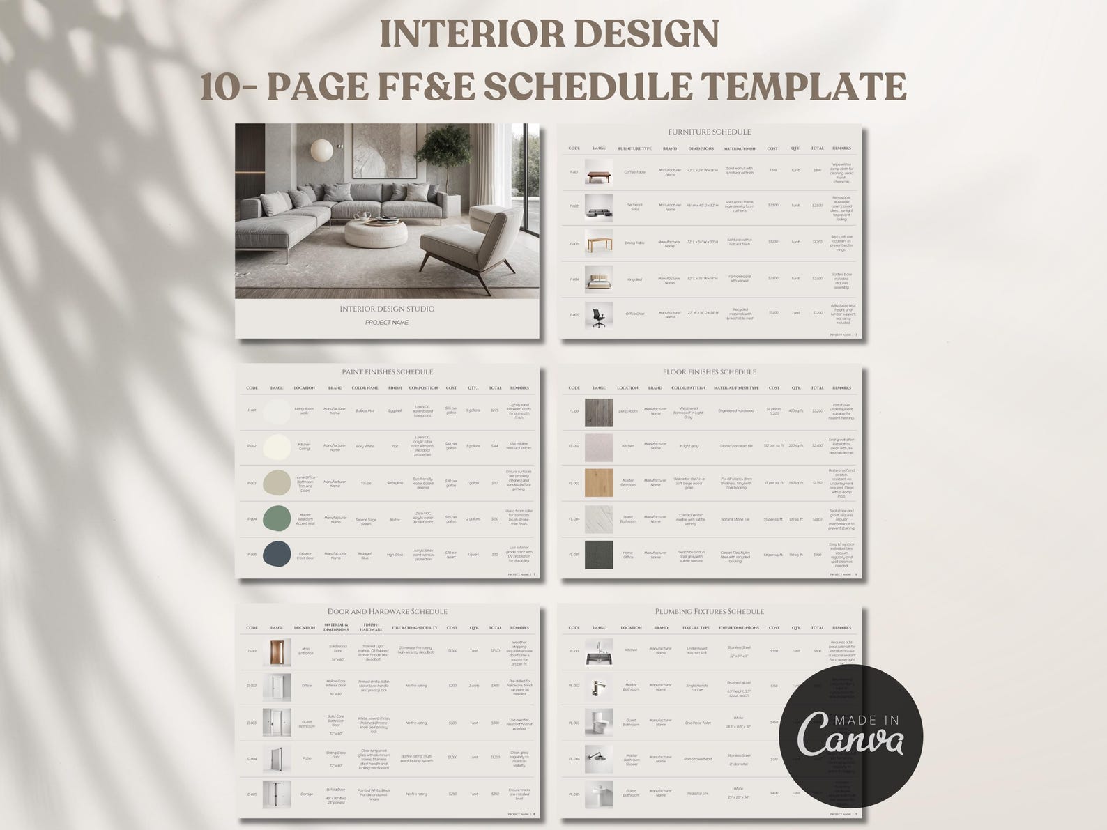 Interior Design FF&E Schedule Template, Furniture and Finishes Schedule ...