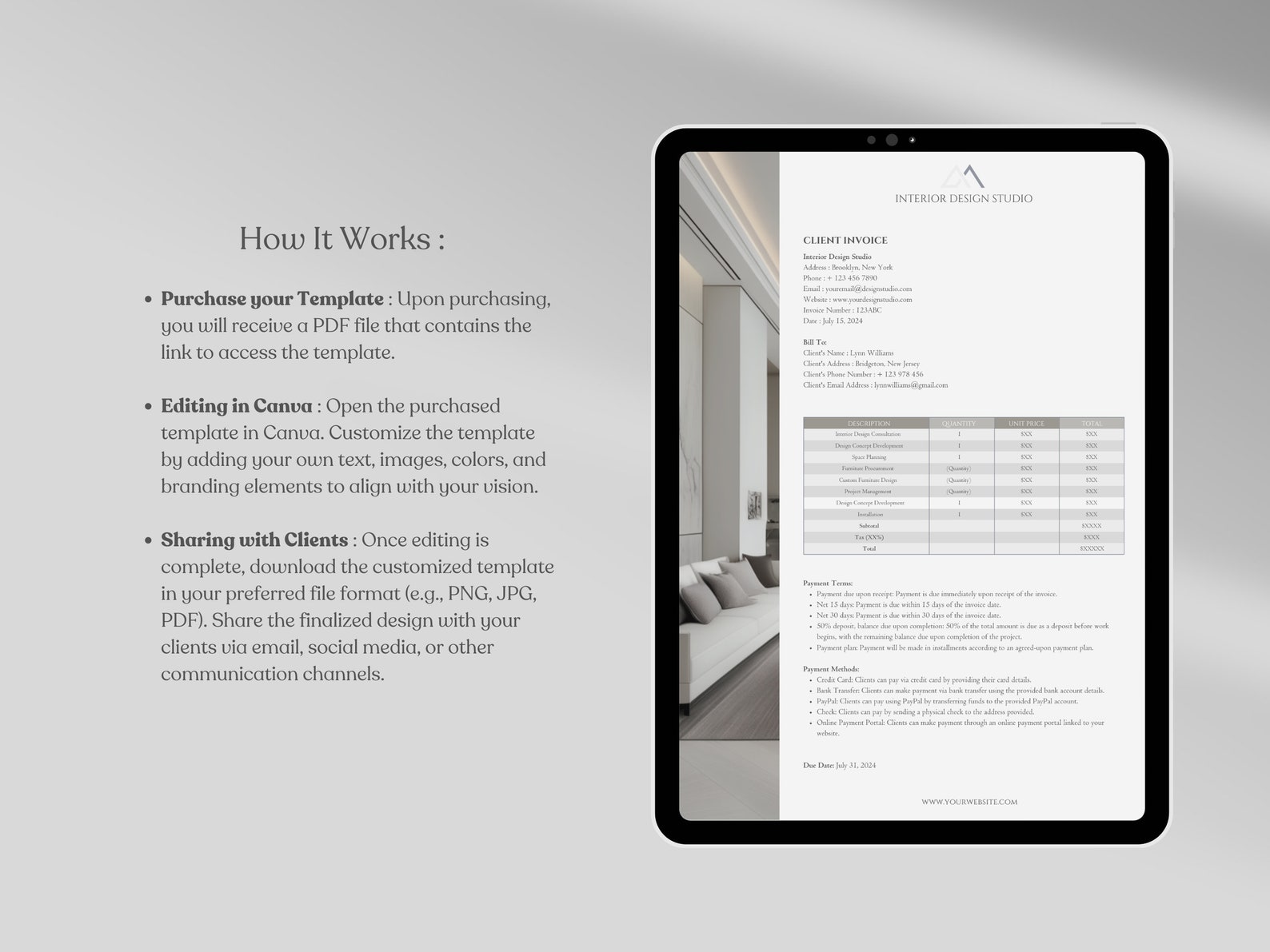 Beige Minimalist Interior Design Client Invoice Onboarding Client ...
