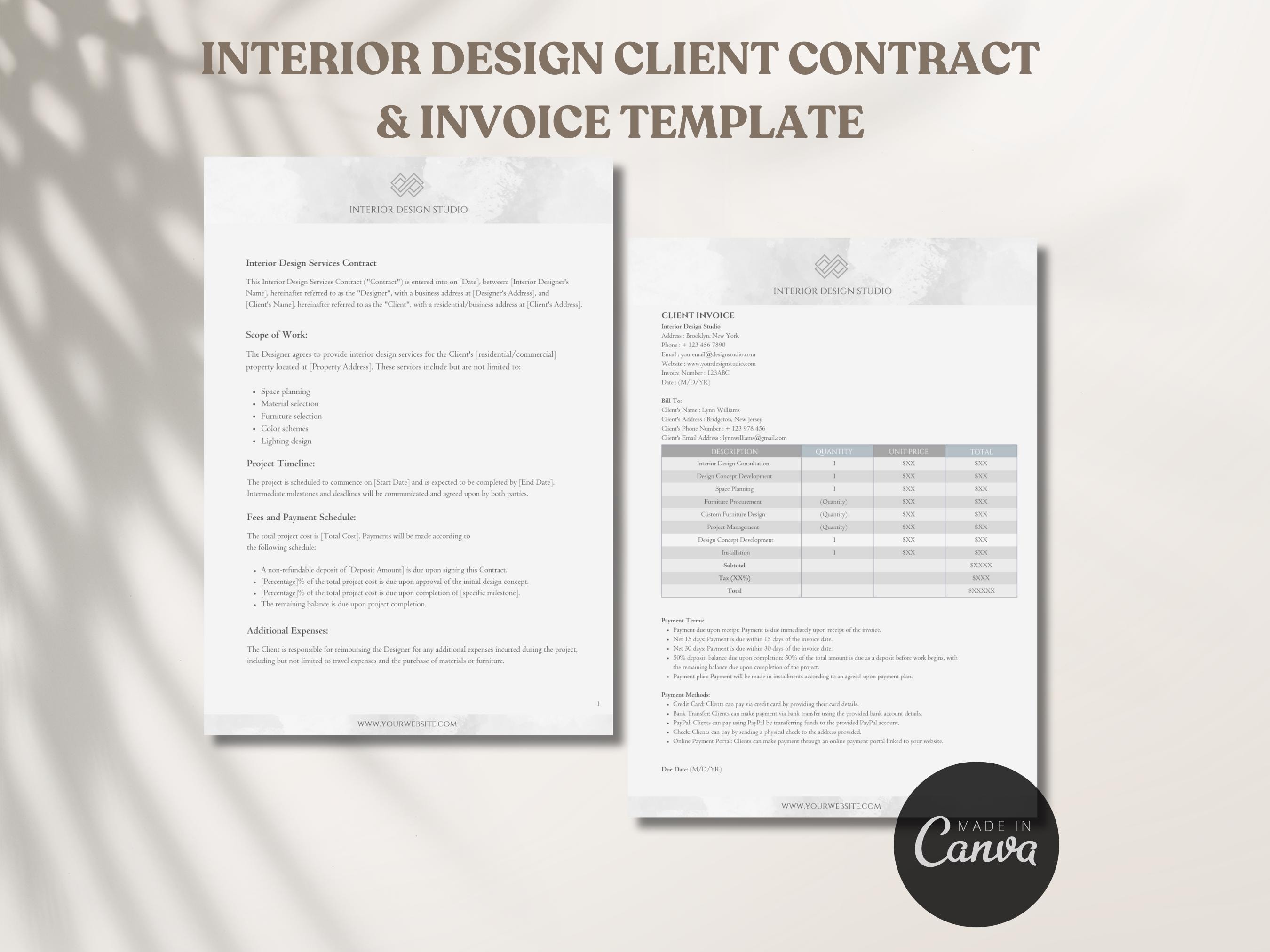 Gray Minimalist Interior Design Client Contract and Invoice Template Onboarding Client Project ...
